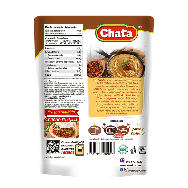 Chata Frijoles Refritos con Chorizo Ranchero 400 G - H-E-B México