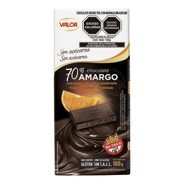 Valor Chocolate Amargo 70% con Naranja. 0% Azúcare - H-E-B México