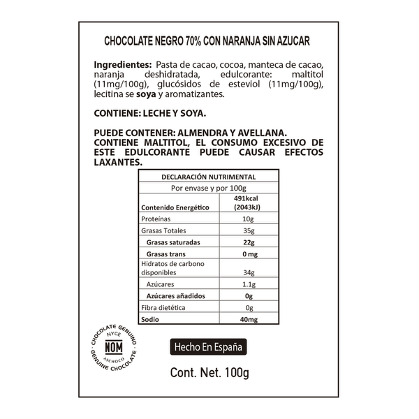 Valor Chocolate Amargo 70% con Naranja. 0% Azúcare - H-E-B México
