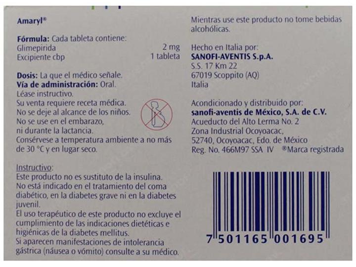 Sanofi Rx Amaryl 2 Mg 15 Tab Glimepirida 15 Pz - H-E-B México
