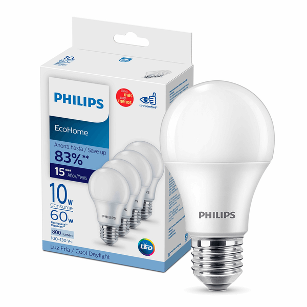 Foco Philips Ecohome A19 E27 10 W Luz Cálida 4 Pack - H-E-B México