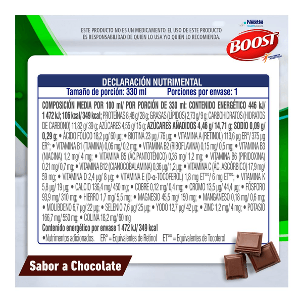 Boost Suplemento Alimenticio Alto en Proteína Sabor Chocolate 330 ml ...