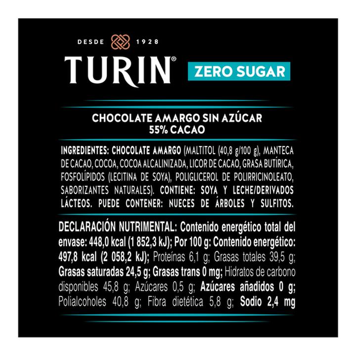 Turin Chocolate Turin Turin Zero Tablilla 90g 90 G - H-E-B México