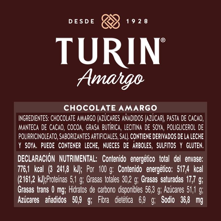 Turin Tablilla Chocolate amargo para Repostería 150 g - H-E-B México
